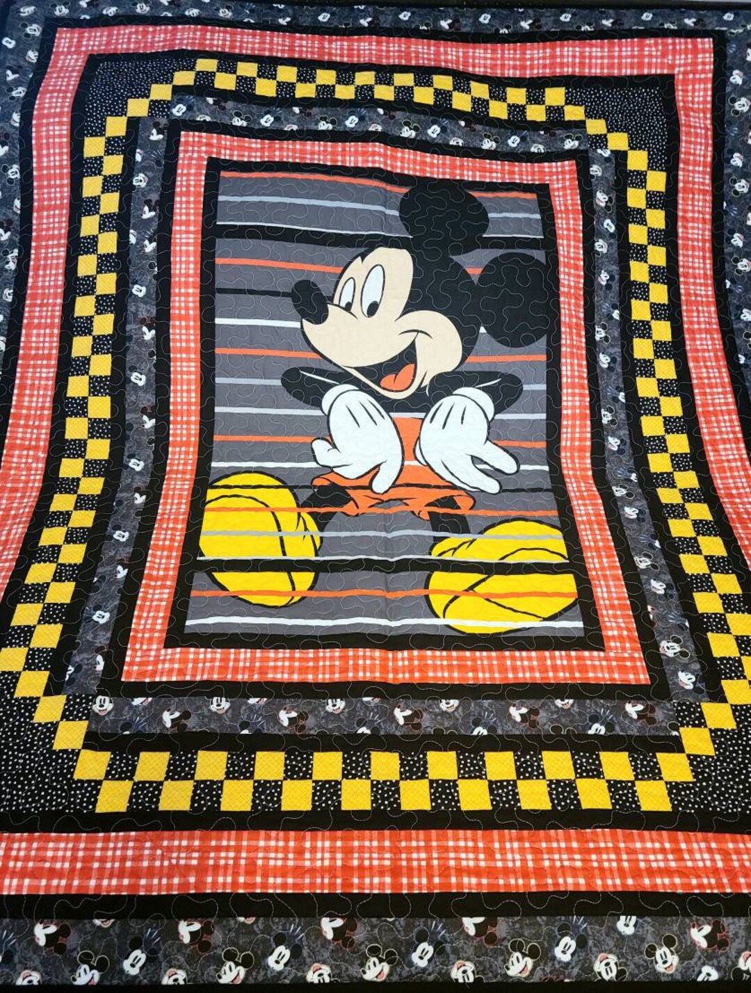 Mickey Mouse Quilt, Fabric Panel, Checkered Blocks, and Borders in ...