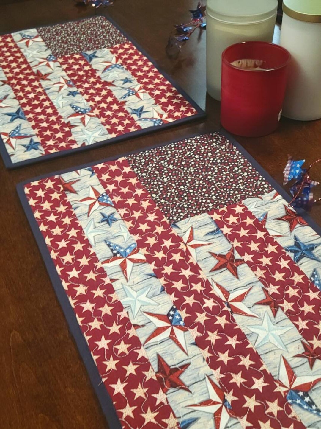 Patriotic American Flag SET of 2 Quilted Placemats for 4th of July or ...