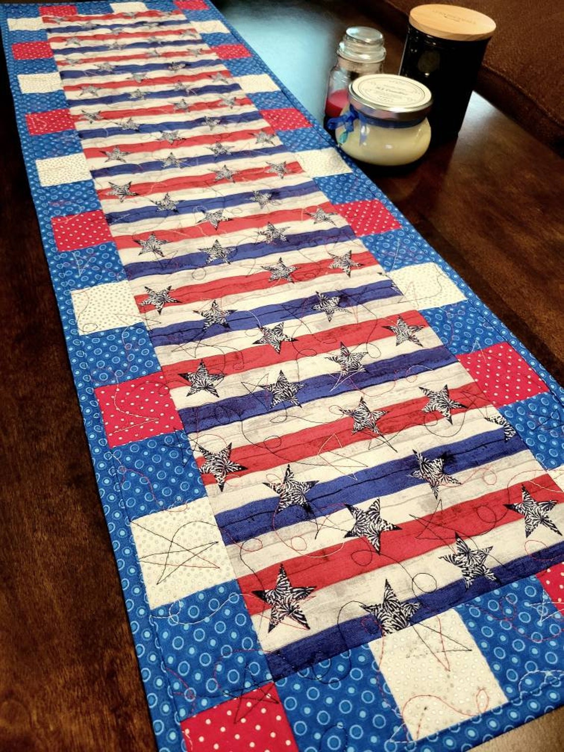 Stars and Stripes Patriotic Narrow Table Runner Quilted Table | Etsy