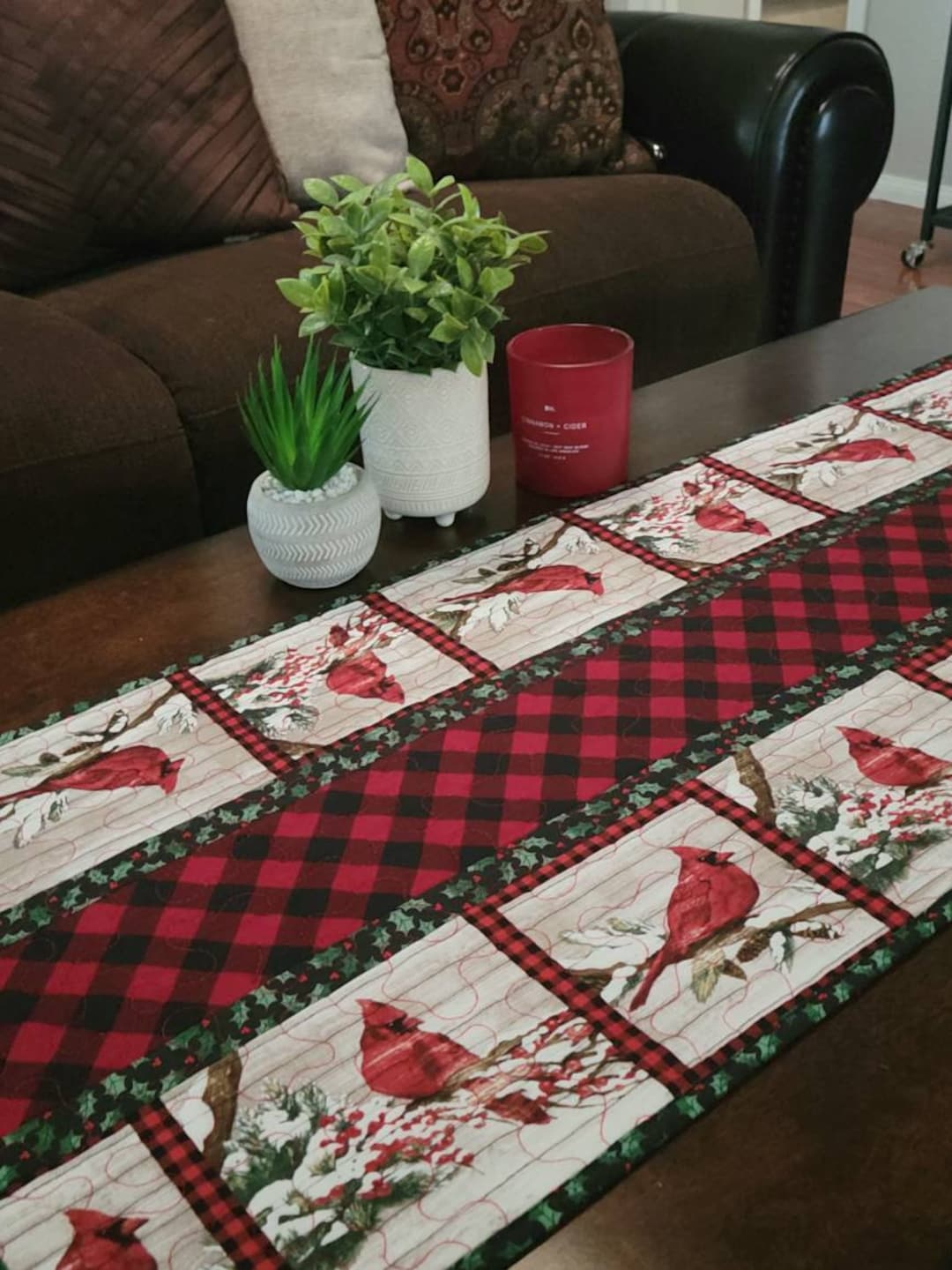 Winter Christmas Quilted Table Runner, Red Plaid and Green Holly Table ...