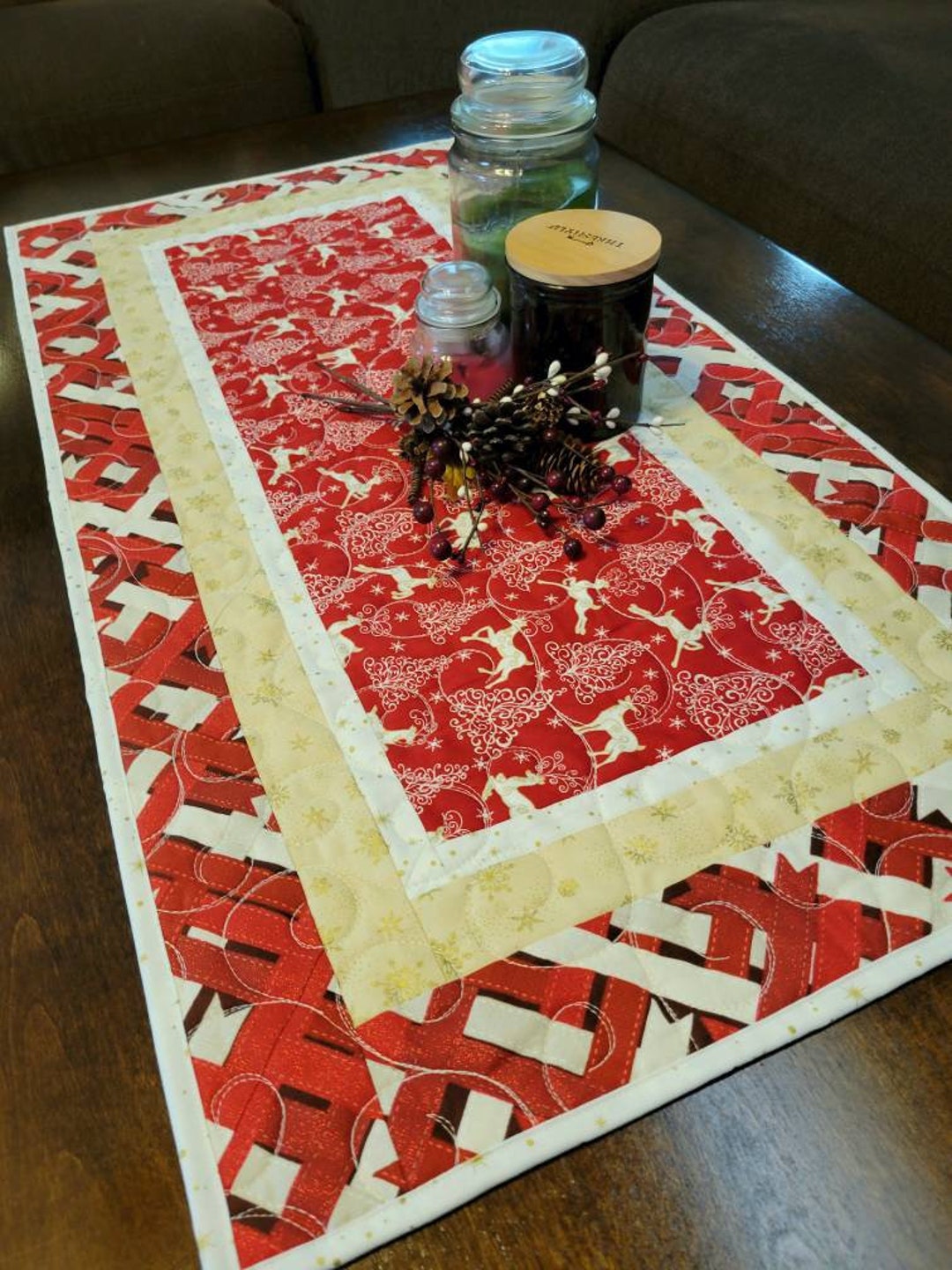 Christmas Holiday Quilted Table Runner, Red White and Golds Christmas ...