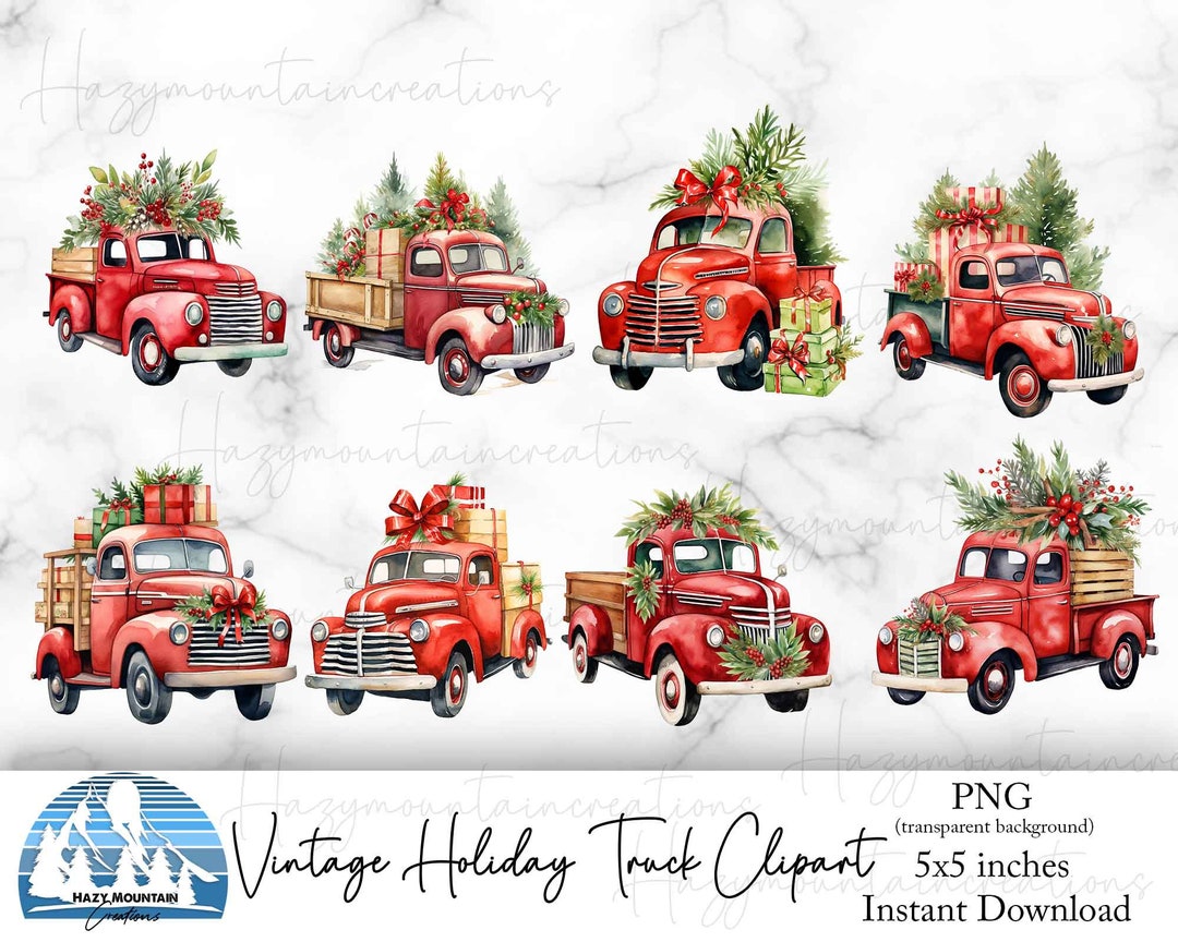 Vintage Holiday Truck Clipart, Winter Clipart, Truck Christmas Clipart ...
