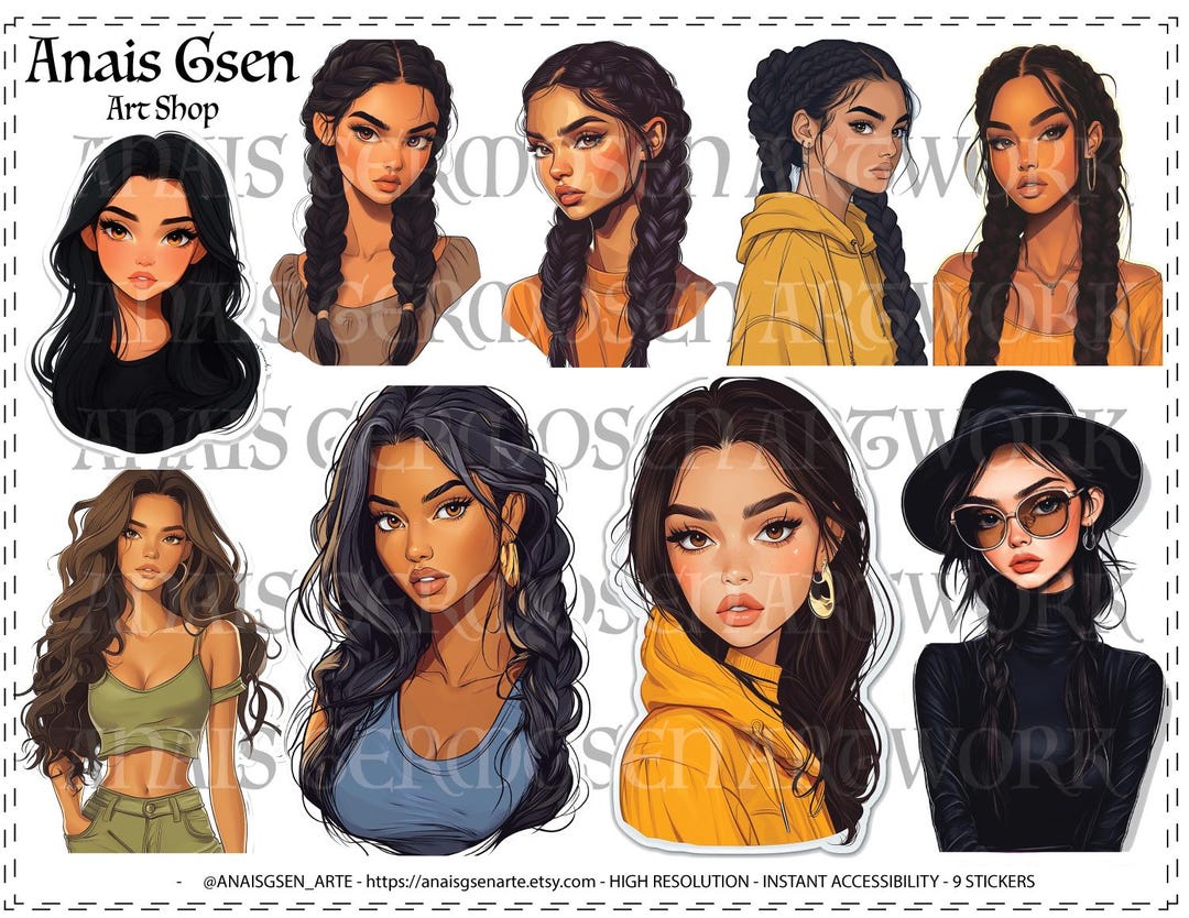 LATINAS STICKERS - 9 Printable Stickers. Cartoon, Culture / Girls Theme ...