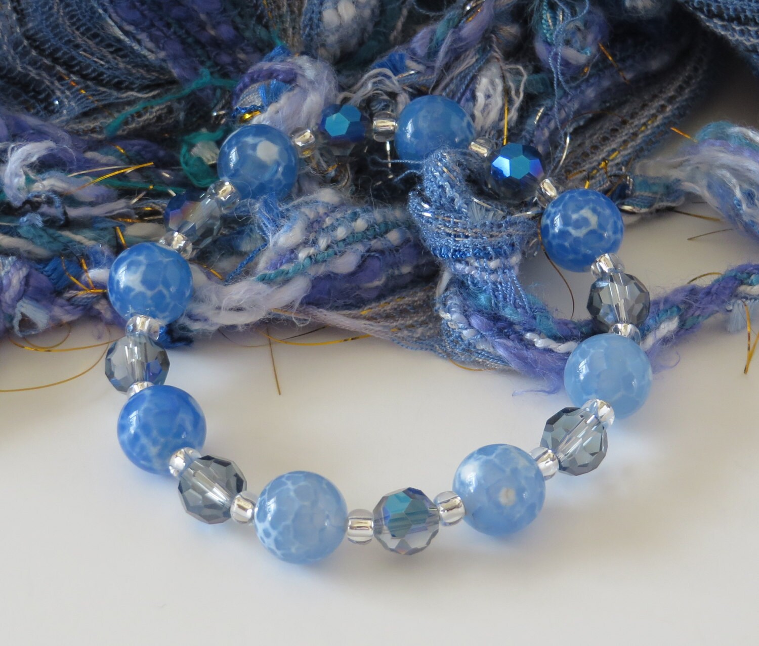 Blue Bead Bracelet / Blue Fire Agate Crackle Bead Bracelet / Blue ...