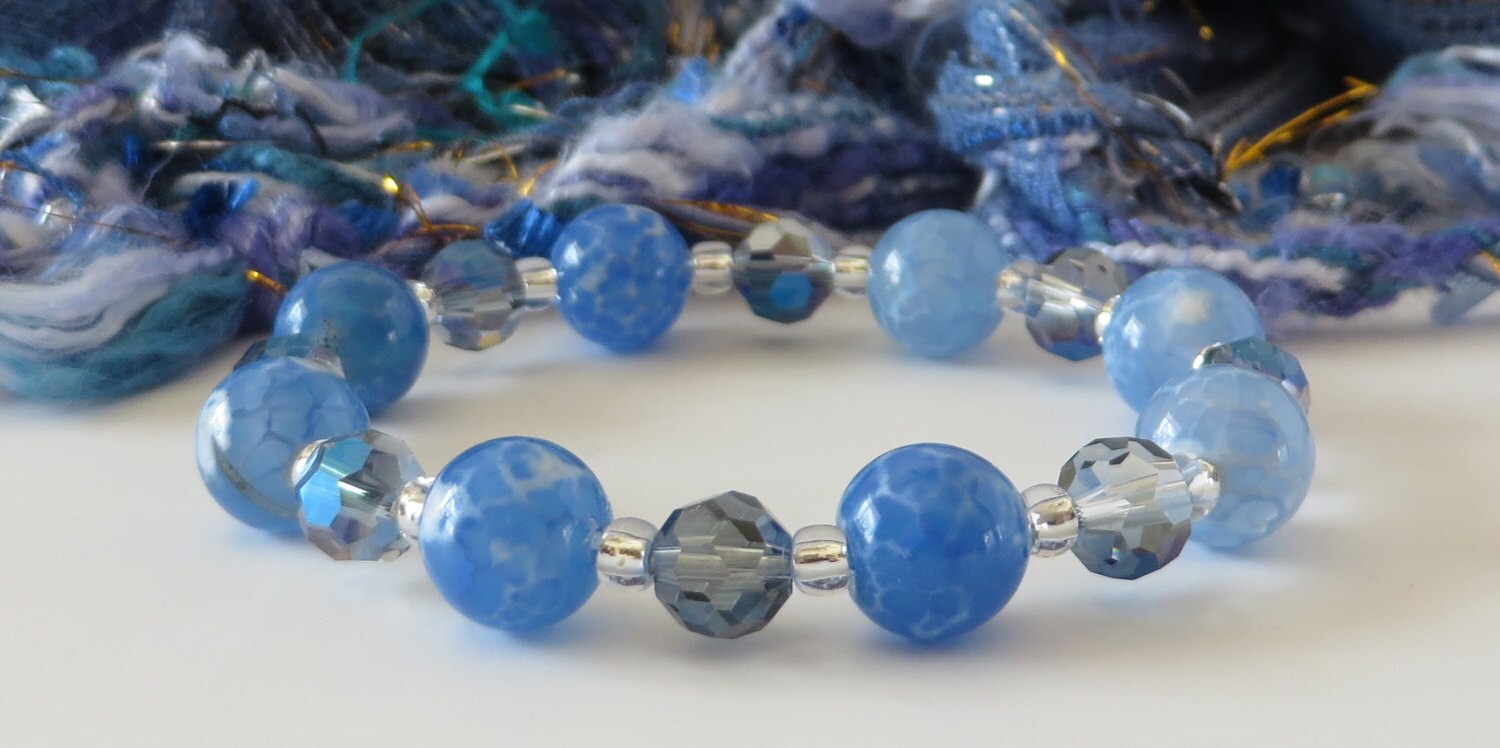 Blue Bead Bracelet / Blue Fire Agate Crackle Bead Bracelet / Blue ...