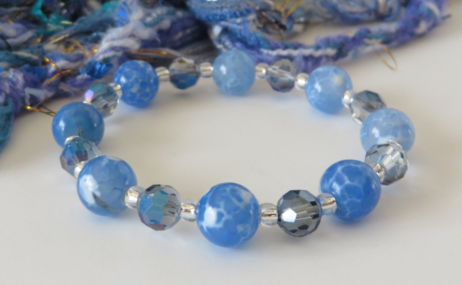 Blue Bead Bracelet / Blue Fire Agate Crackle Bead Bracelet / Blue ...