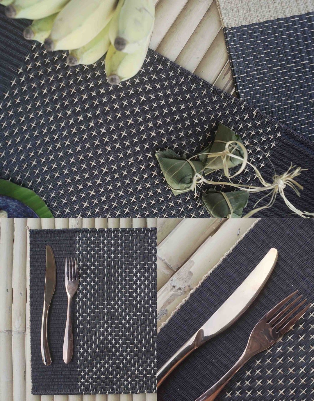 SET2 Black Dotted Placemats, Rustic Placemats, Woven Placemats, Rush ...