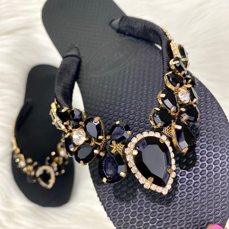 Black Flip Flops With Rhinestones: Women's Bling Crystal Sandals - Etsy