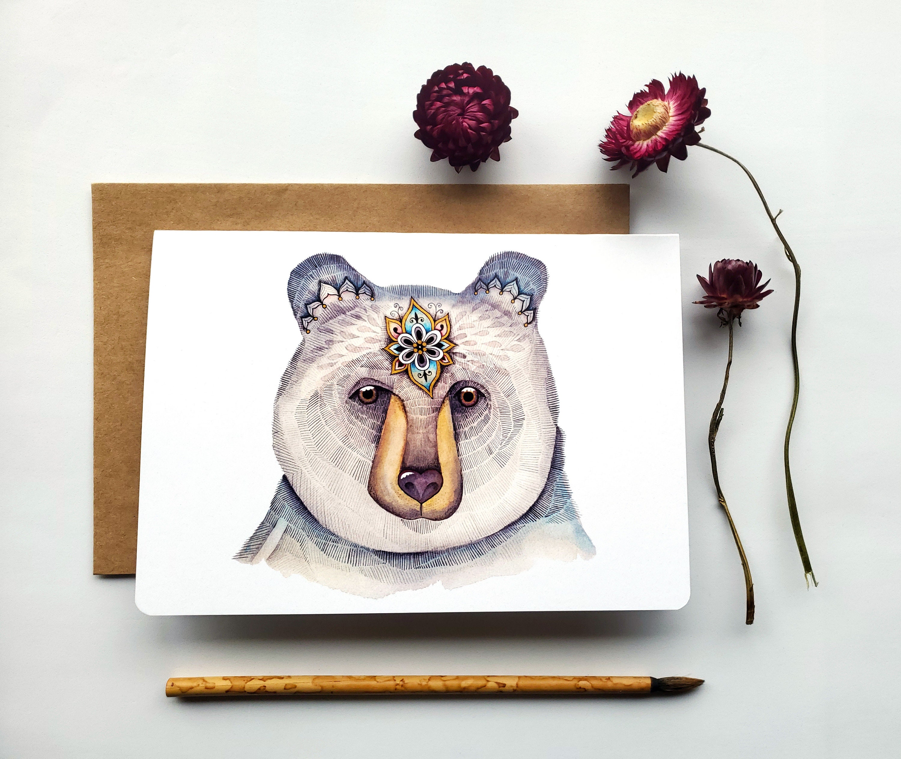Bear Greeting Card loving Bear, Watercolor and Pencil Art Illustration ...