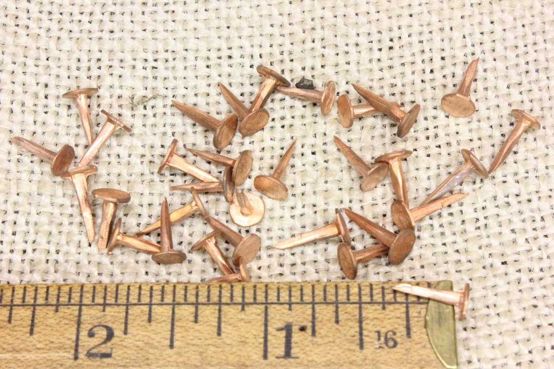 25 Old 3/8” Solid Copper Tacks Nails Vintage Sharp Point 3/16” Round ...