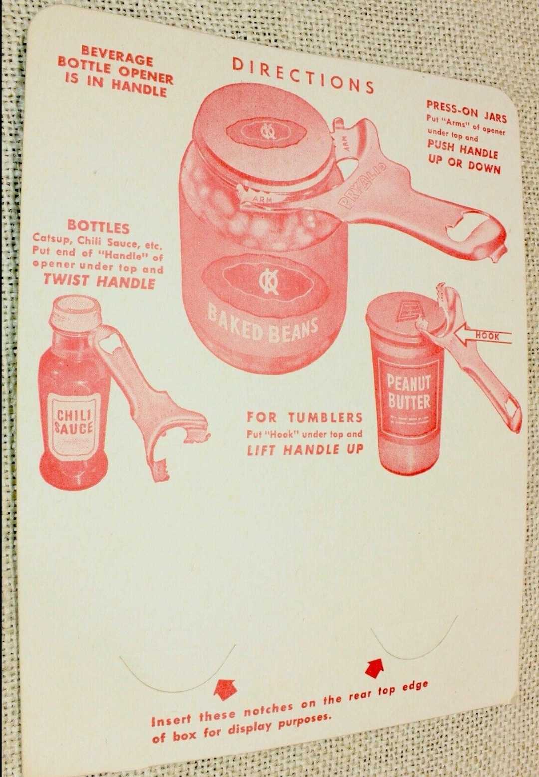 Cardboard Display Instructions for a Vintage Pry A Lid Mason Jar Opener ...