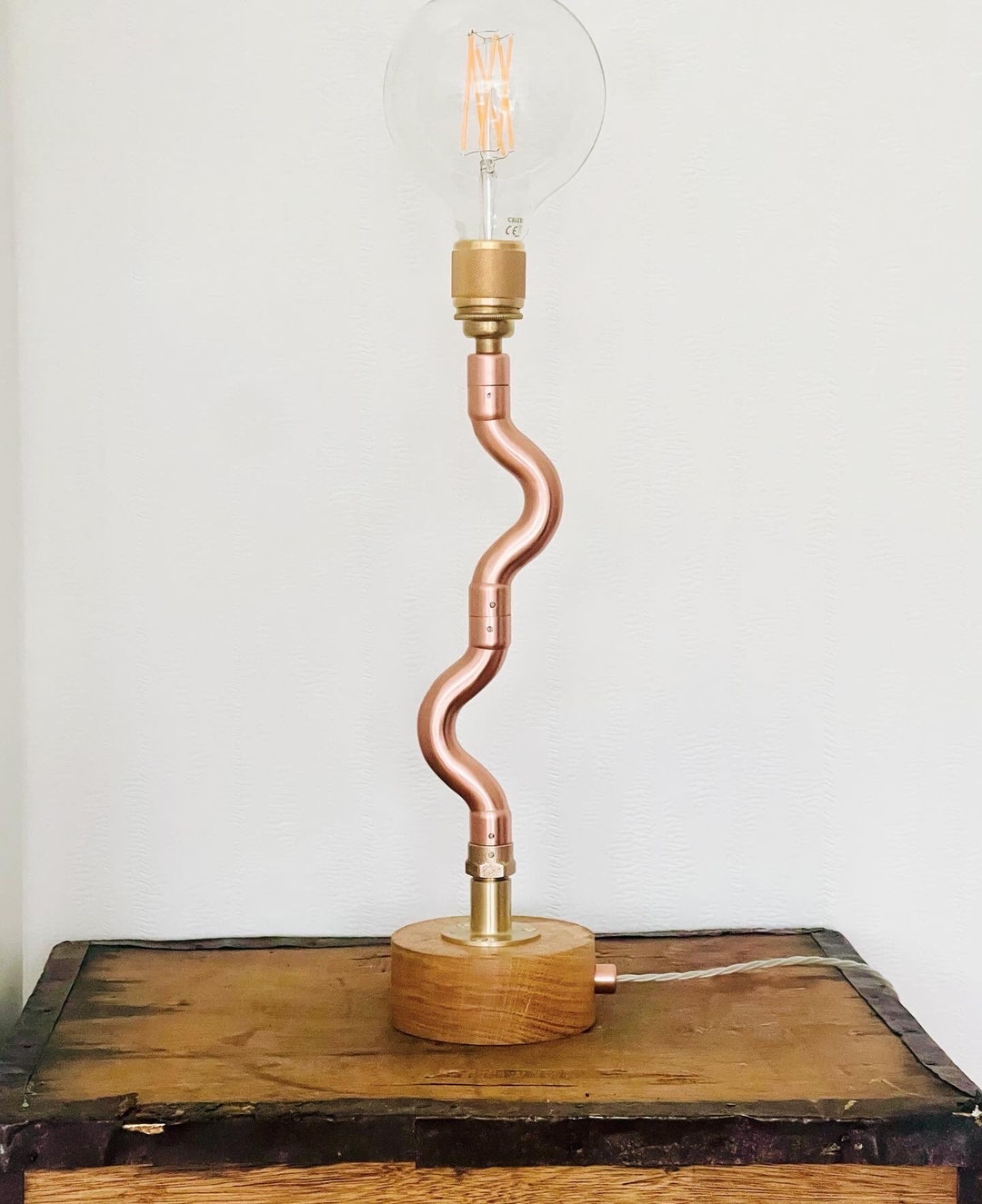 Swerve Copper Table Lamp: Handmade Solid Oak Base, Brass Accents - Etsy