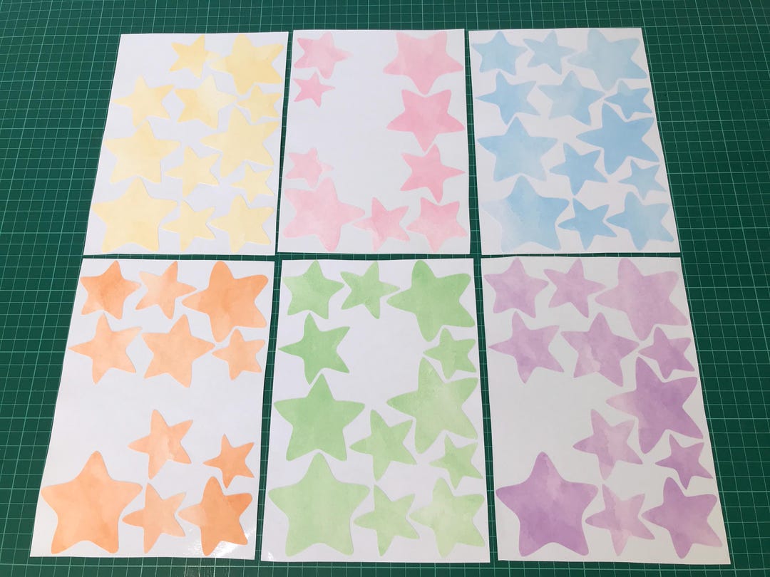 Pack of 65 Watercolour Star Wall Stickers, Pastel Colours Hand Drawn ...