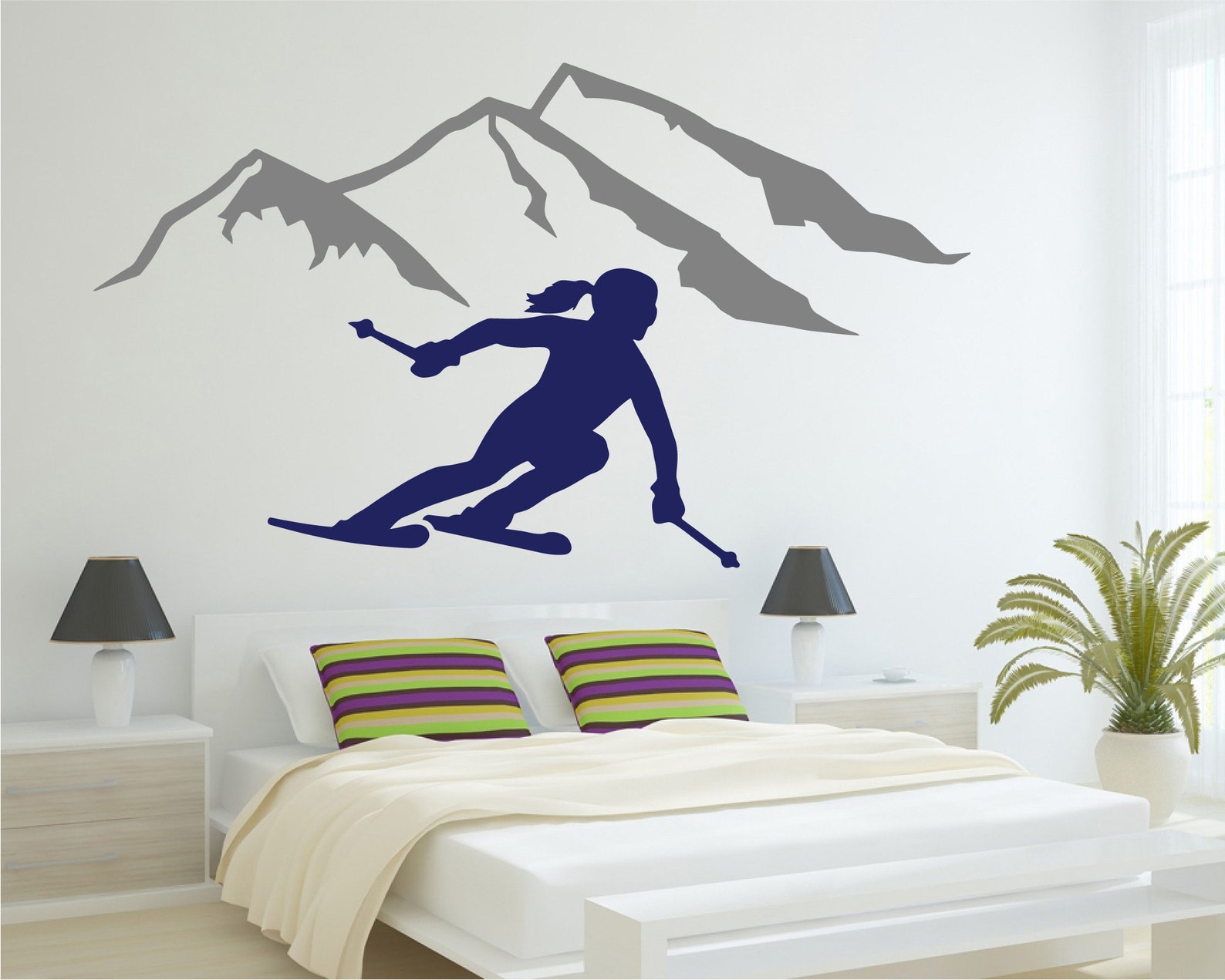 Mountain and Skier Wall Decal Man Skiing Sticker Female - Etsy