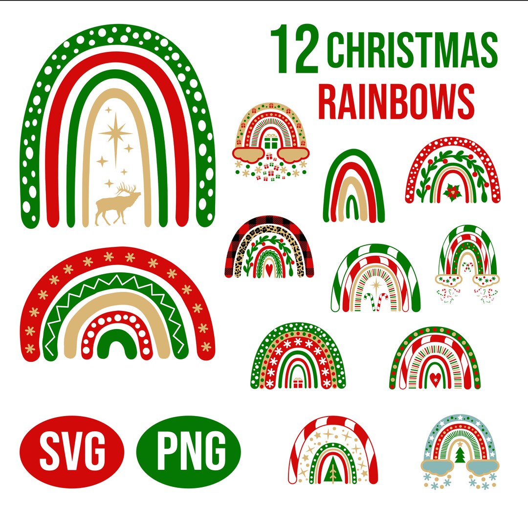 Christmas Rainbow SVG PNG Cut Files Bundle of 12 Cute Rainbows for Your ...
