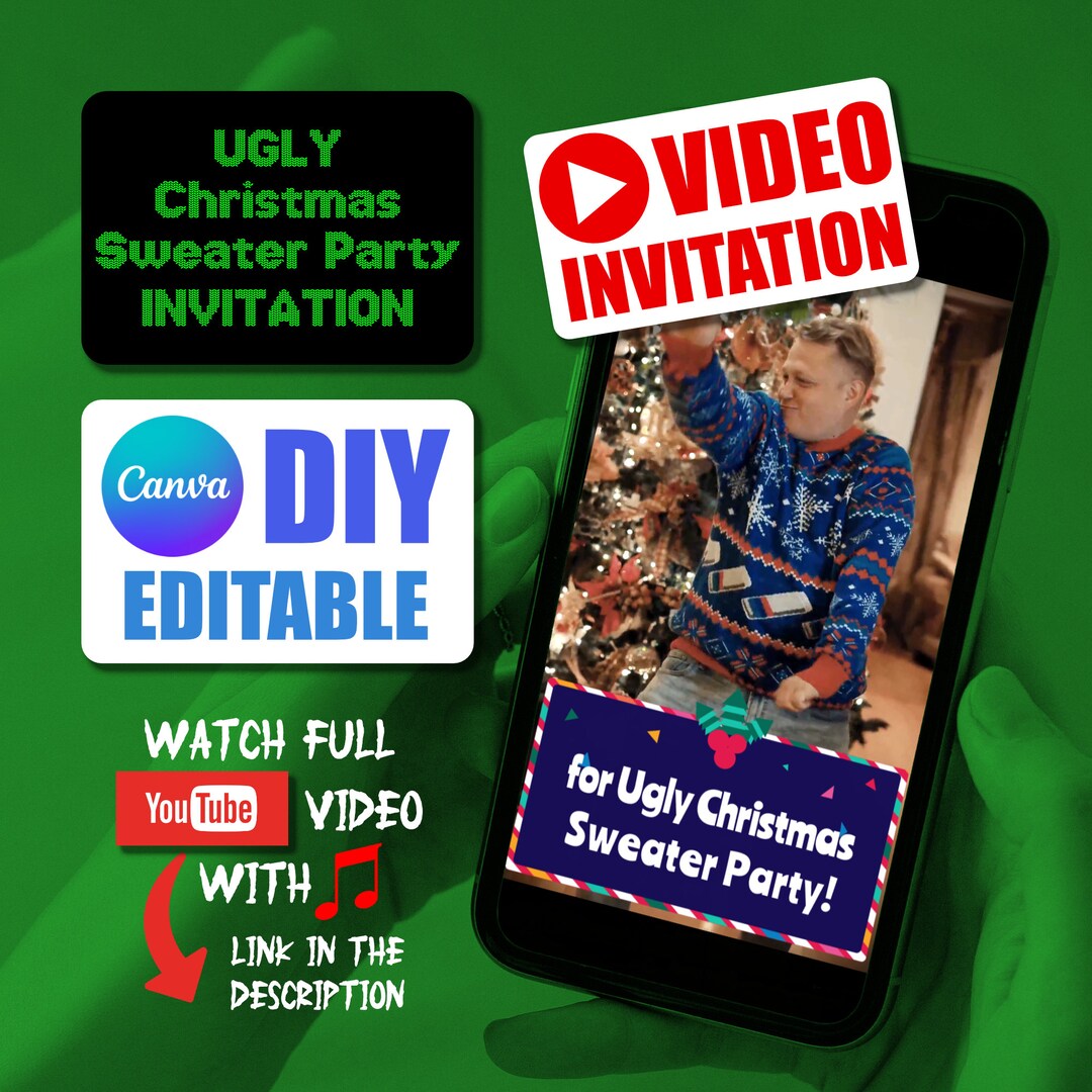 Editable Personalized Christmas Ugly Sweater Party Video Invitation DIY ...