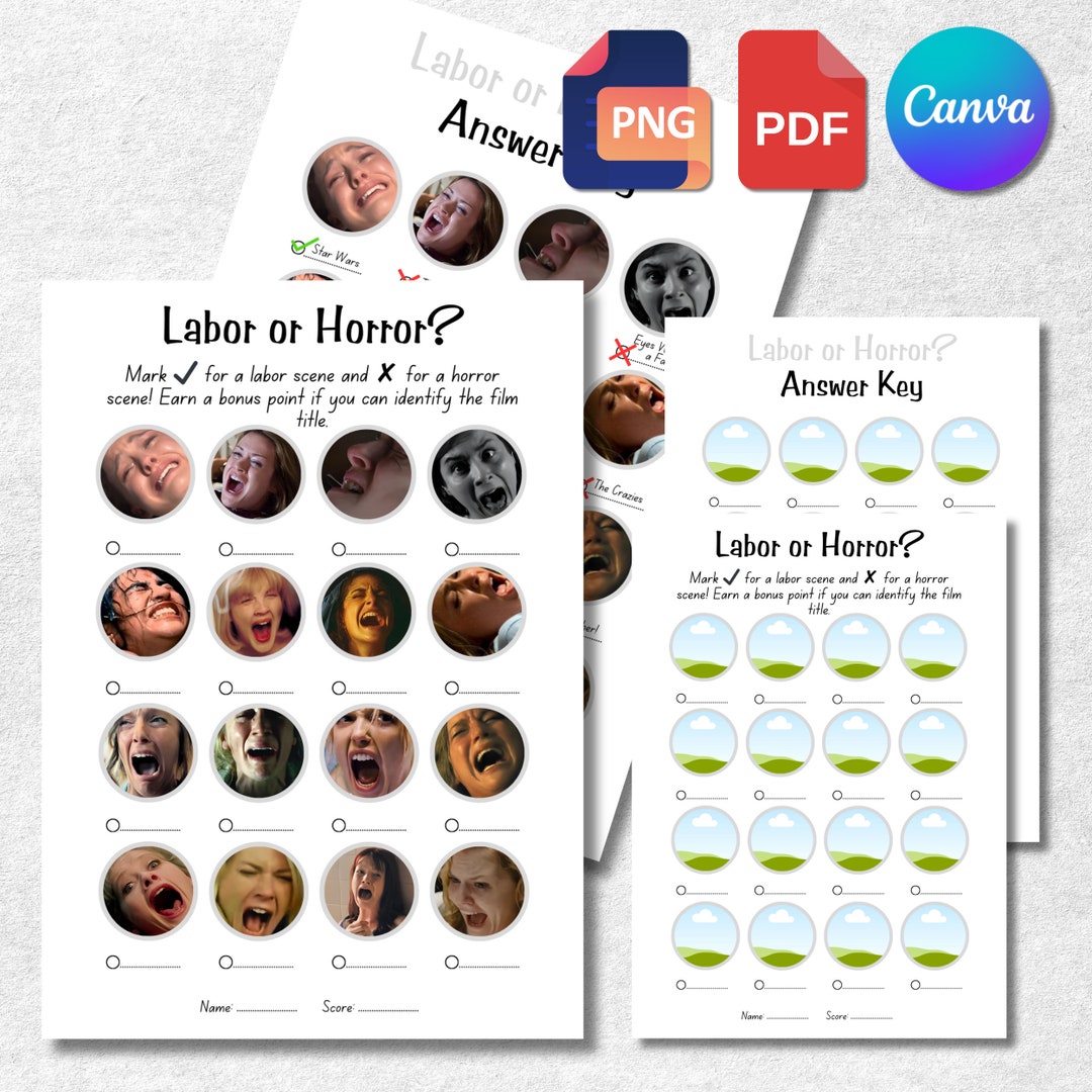 Labor or Horror Game, Baby Shower Guessing Fun, Editable Canva Template ...