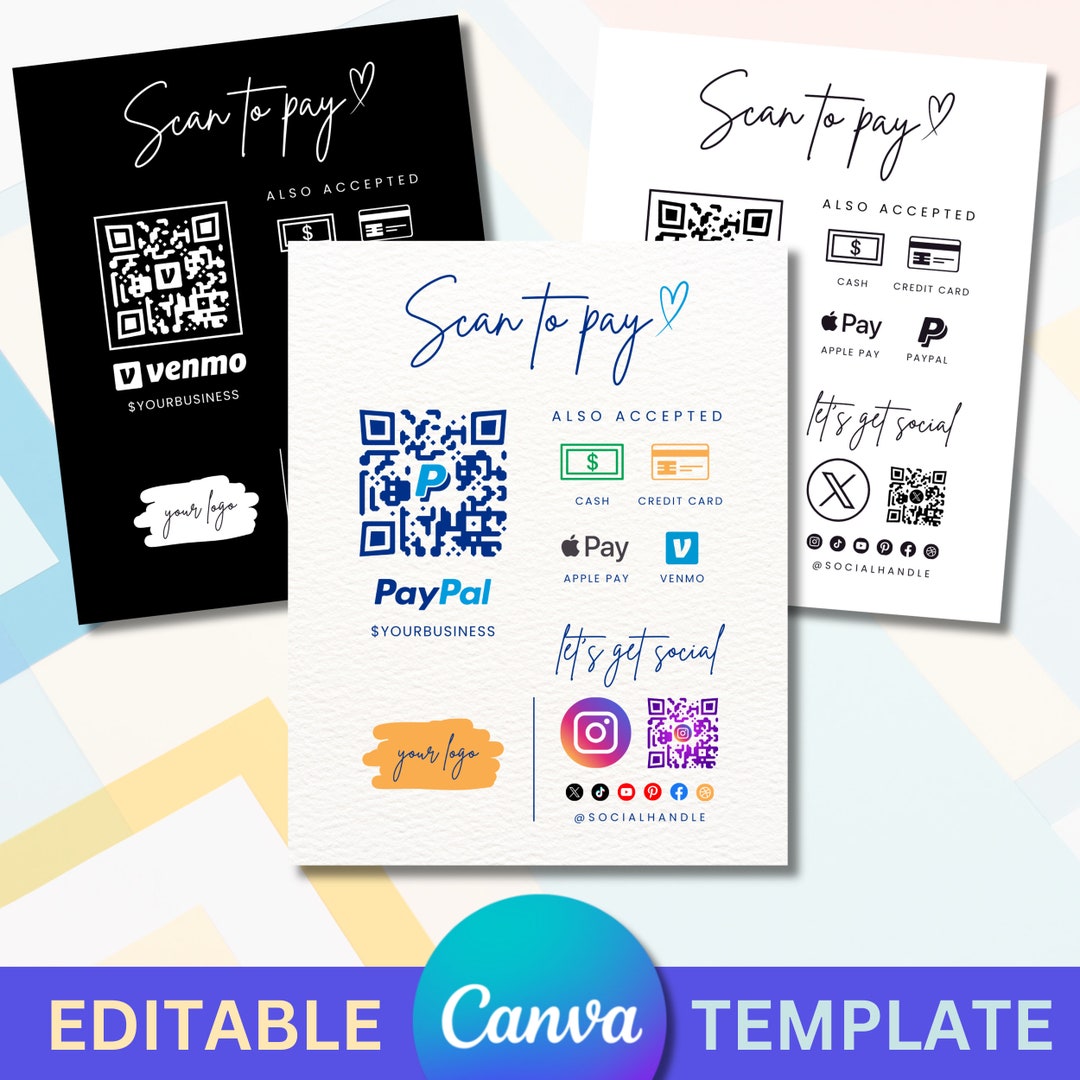 Editable QR Code Payment Sign - Canva Template - Venmo, Paypal, Cash ...