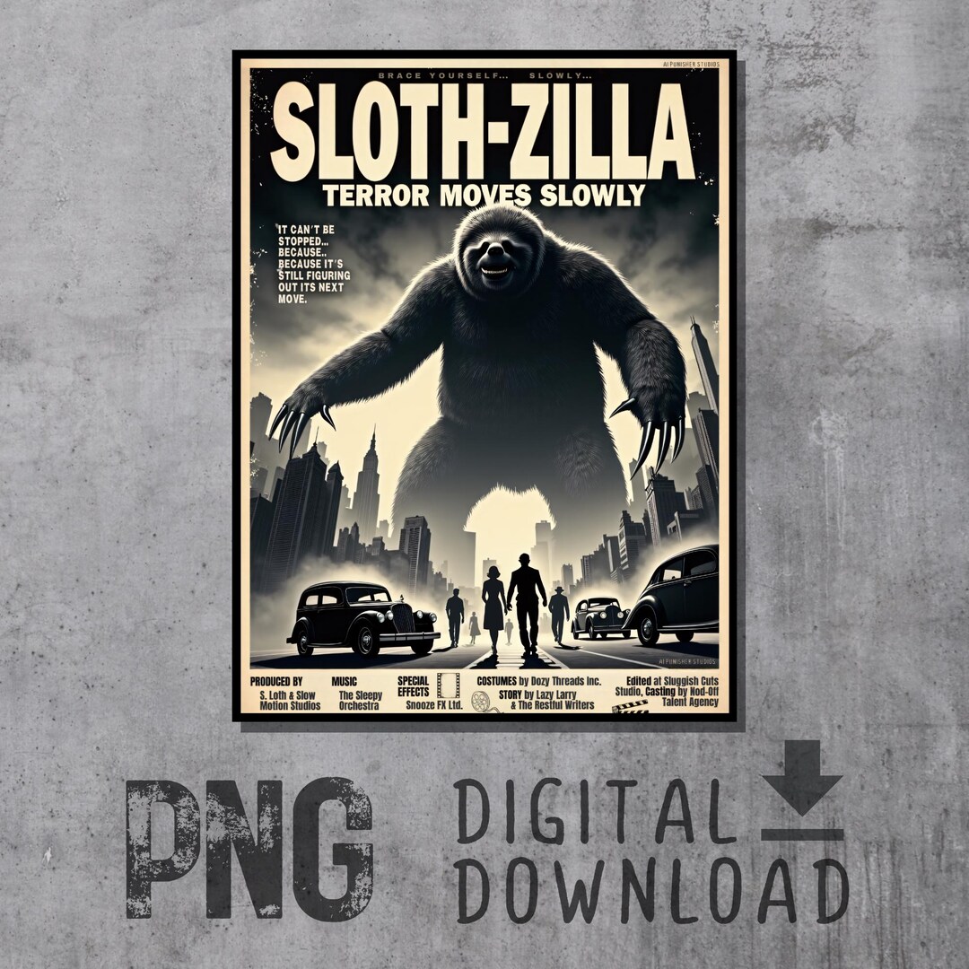 Sloth-zilla Art Print PNG Vintage 1950s Retro Movie Poster Funny Horror ...