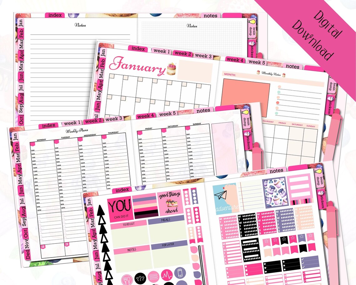 Cute Cake Design Undated Digital Planner Weekly Monthly and - Etsy