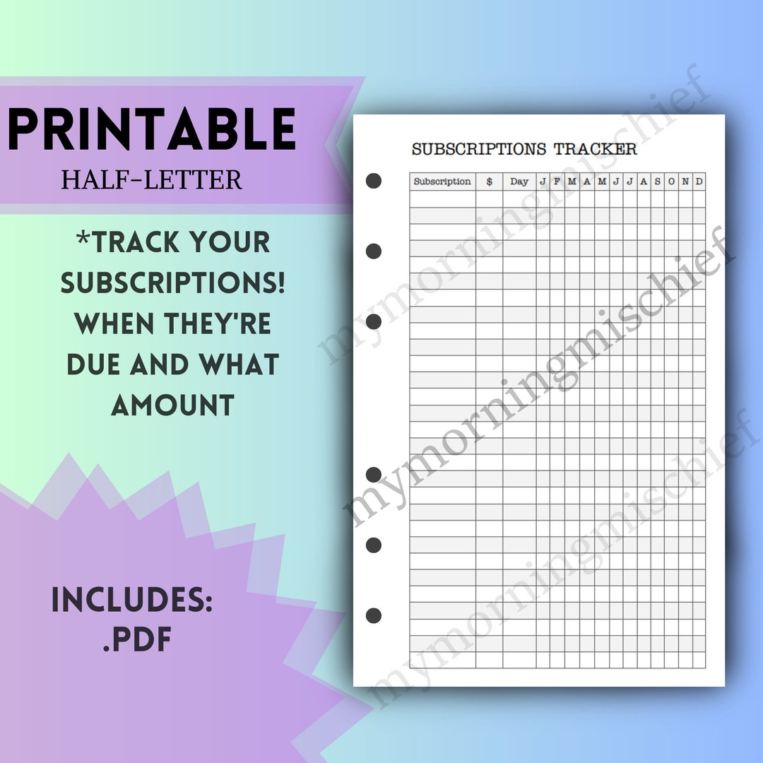 Printable Half-letter Subscription Tracker Subs Due Date - Etsy