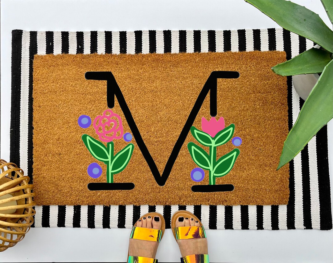 Floral Monogram Coir Doormat, Colorful Boho Decor for Your Front Porch ...
