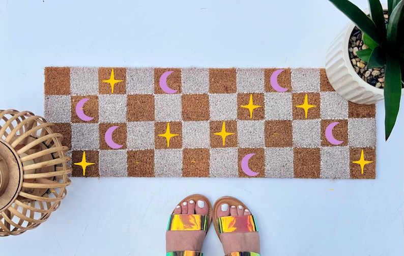 Checkered Moon and Stars Coir Doormat, Colorful Boho Welcome Mat ...
