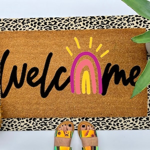 Rainbow Welcome Coir Doormat, Colorful Boho Front Porch Entry, Vibrant ...