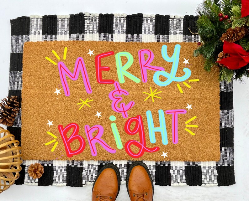Merry & Bright Coir Doormat, Festive Colorful Boho Holiday Welcome Mat ...