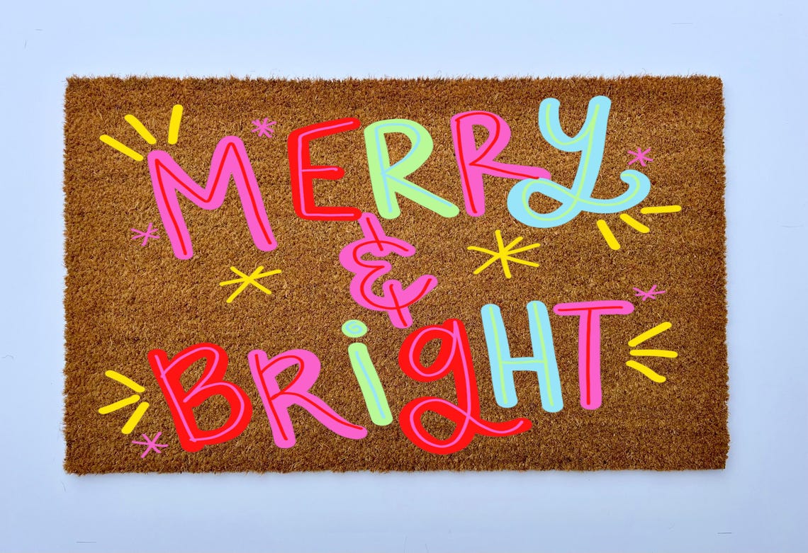 Merry & Bright Coir Doormat, Festive Colorful Boho Holiday Welcome Mat ...