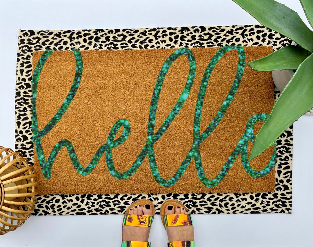 Hello Glitter Coir Doormat: Colorful Boho Front Porch Decor - Etsy