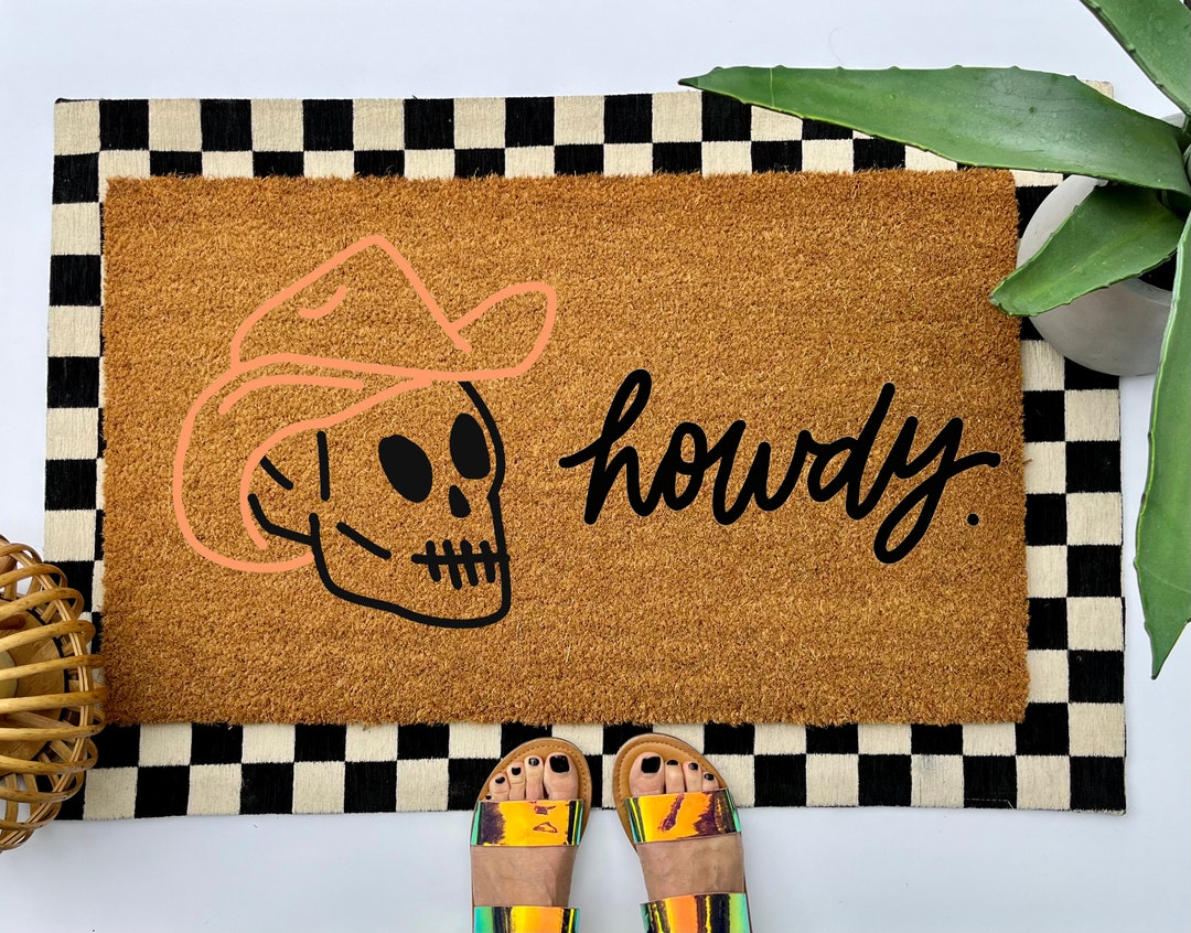 Western Skull Howdy Doormat, Colorful Boho Welcome Mat, Rustic Front ...