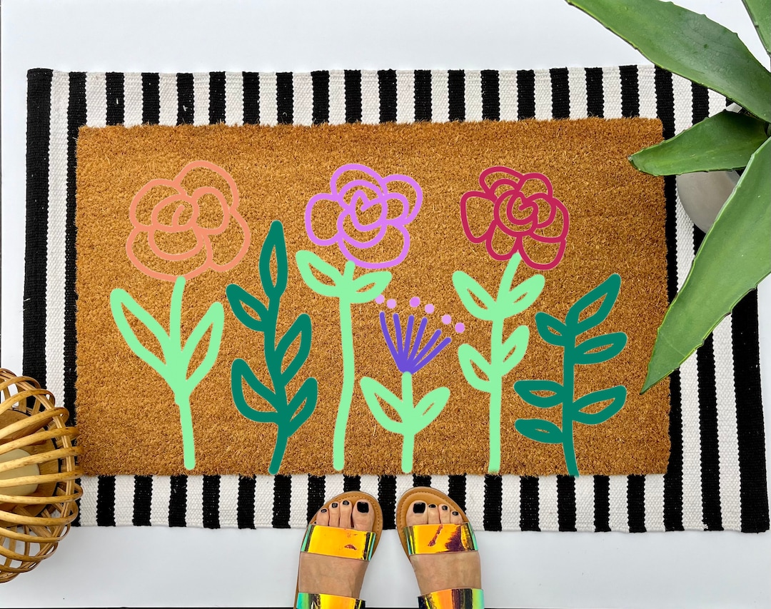 Colorful Flowers Coir Doormat, Boho Decor for Your Front Porch Entry ...