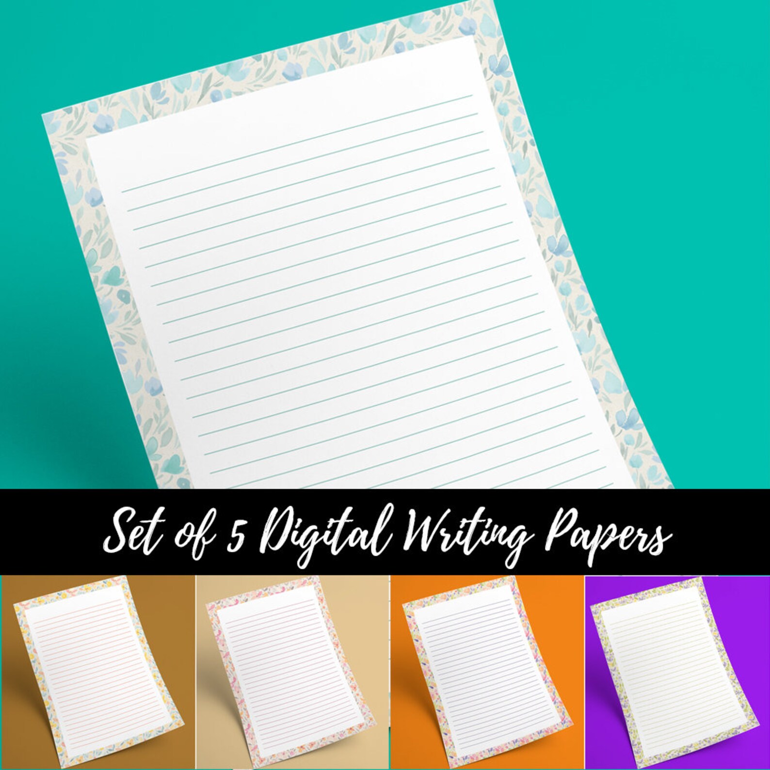 Floral Writing Paper Printable Stationary, Lined Notepaper Printable ...