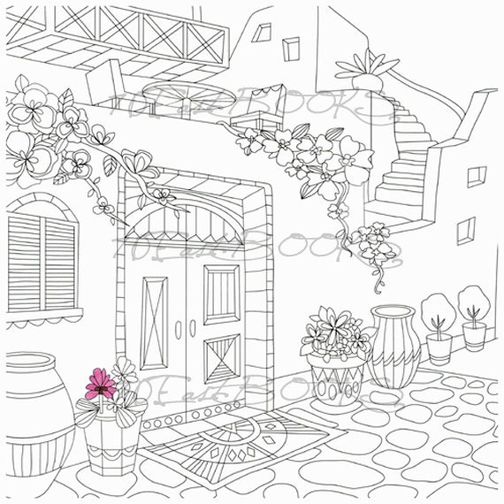 Greece Coloring Travel for adult Santorini and Greece and | Etsy