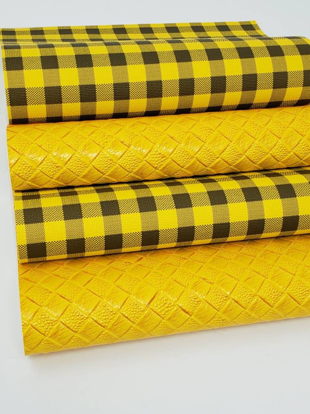 Yellow Two Tone Basketweave Design Faux Leather. Yellow Plaid PVC ...