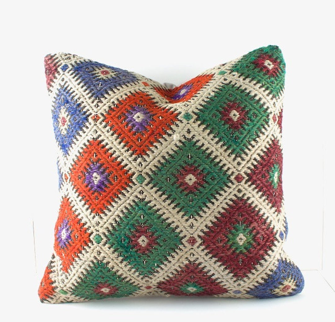 Ethnic Kilim Pillow, Red, Green and Blue Kilim Pillow 16X16, Decorative ...