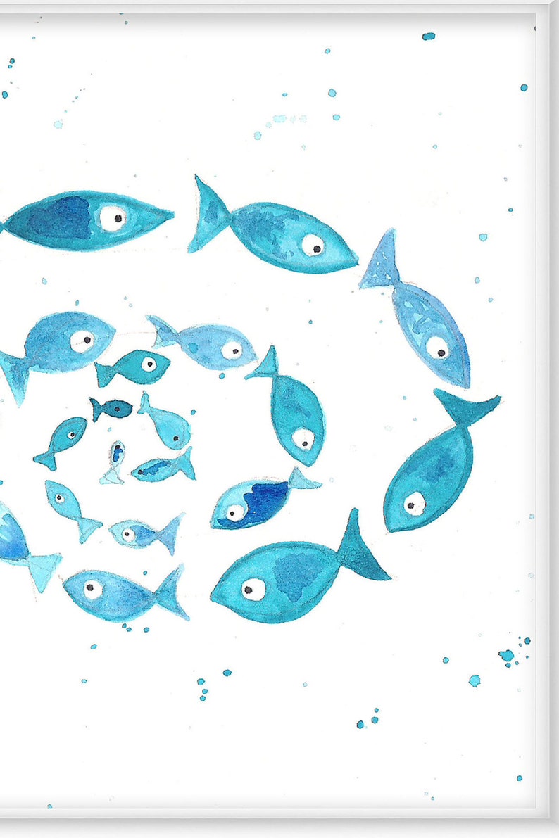 Spiral Blue Funky Fish Watercolor Print - Etsy