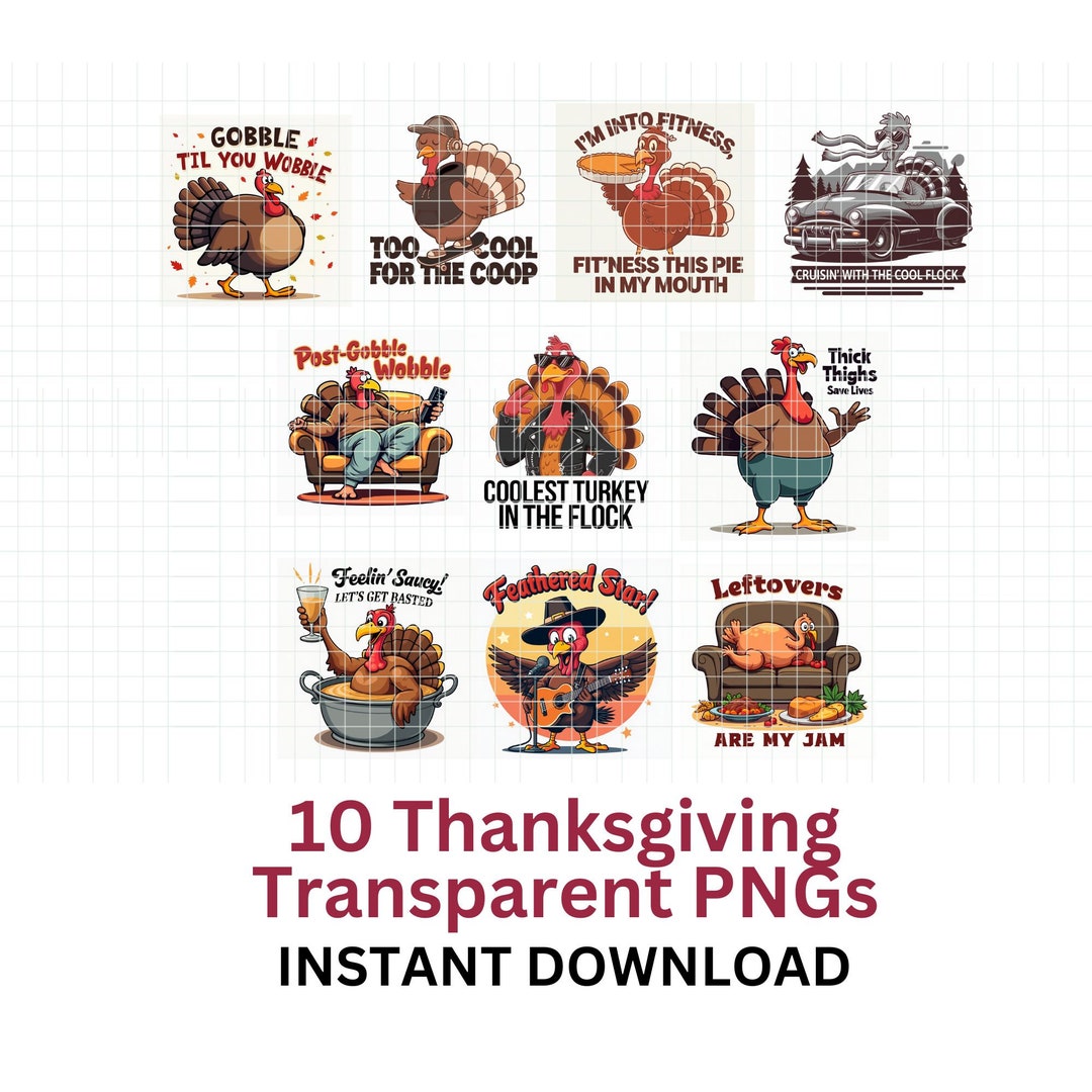 Retro Thanksgiving Turkey Clipart Bundle, 10 Funny PNG Holiday Digital ...