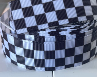 Black and White Chequered Flag 25mm Satin Ribbon Check Car Motor Racing ...