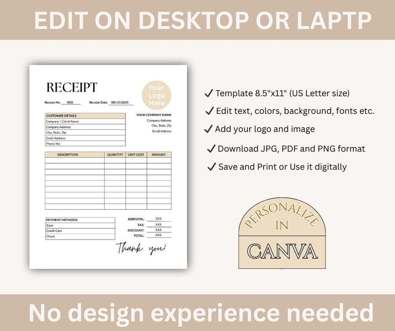 Editable Receipt Templates: 3 Premade Designs, Custom Order Form (canva ...