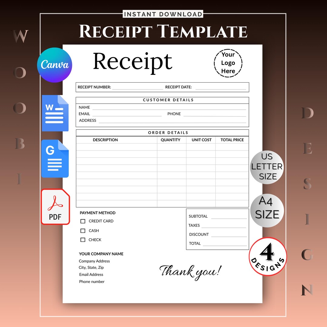 Printable Receipt Template: Editable Order Form (canva, Google Docs and ...