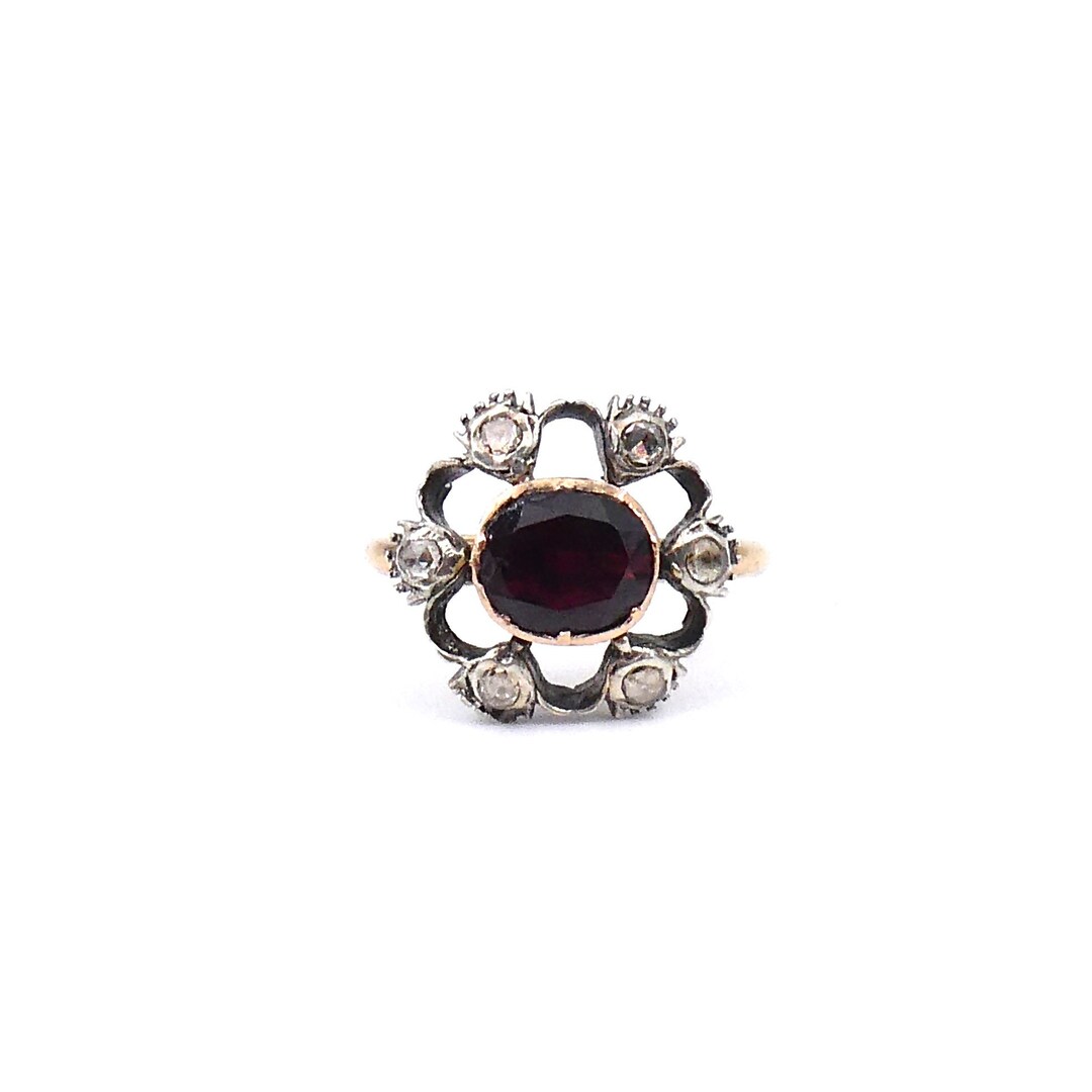 Antique Garnet Ring, Diamond and Garnet Flower Ring Set in Gold and ...