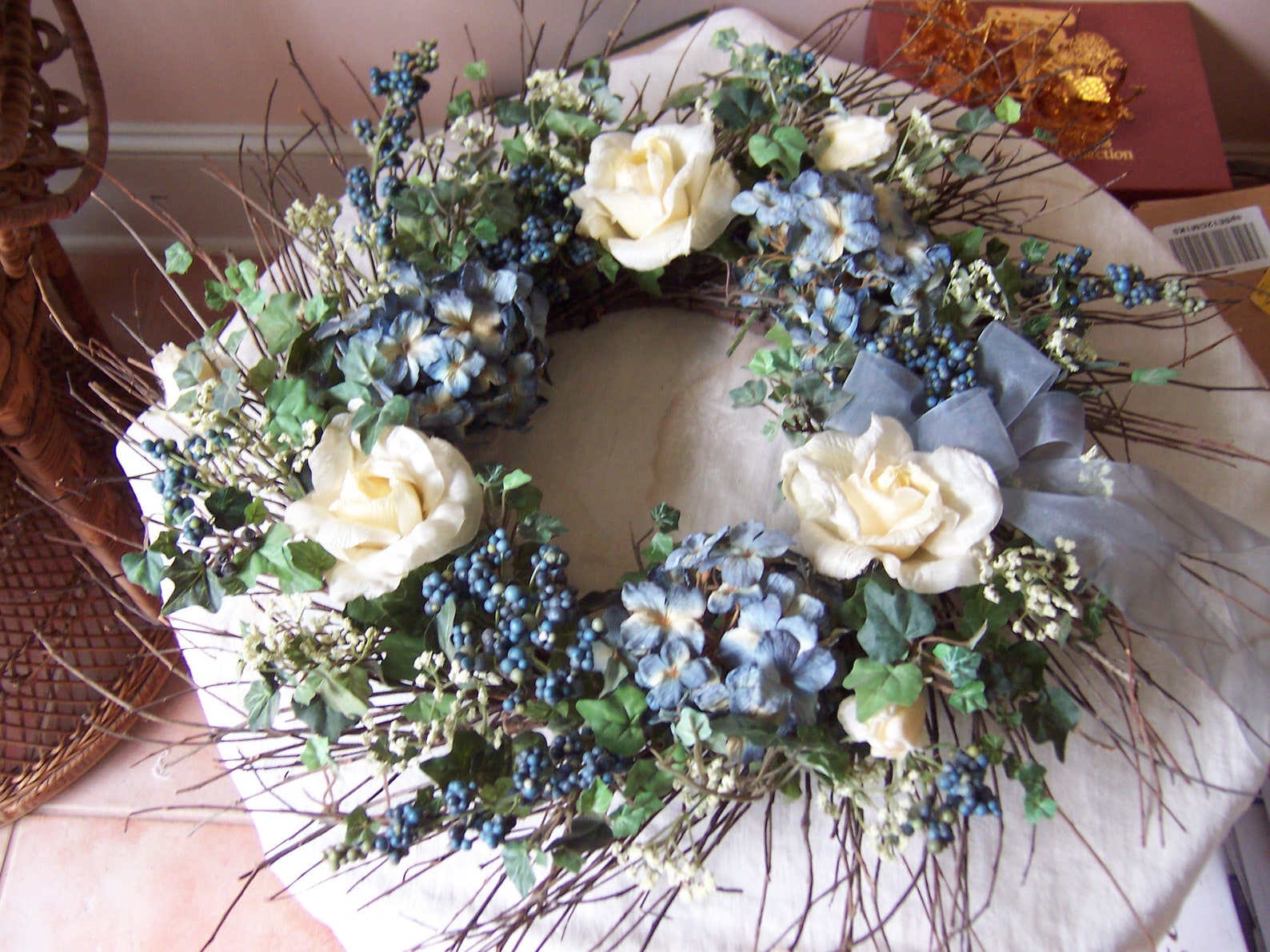Blue Hydrangea and Yellow Rose Twig Wreath - 24" - Etsy