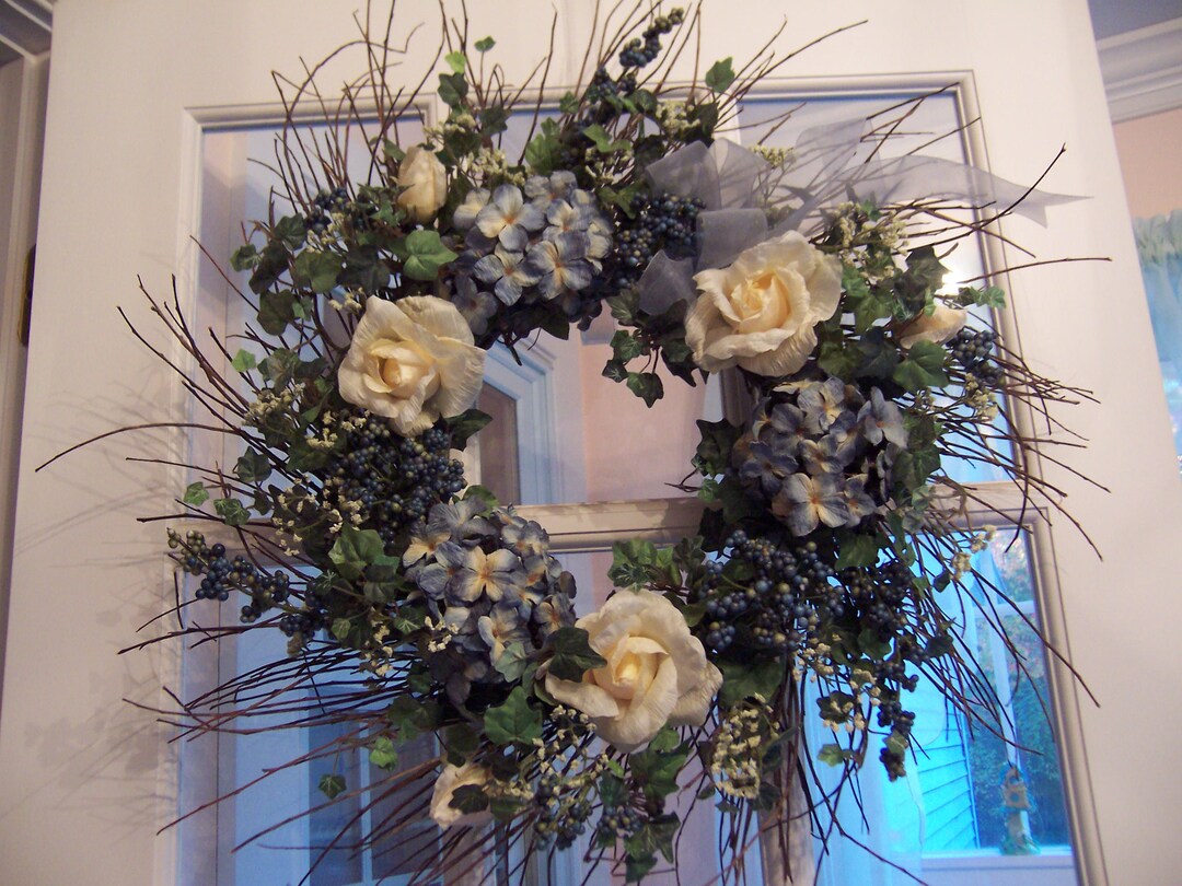 Blue Hydrangea and Yellow Rose Twig Wreath - 24" - Etsy