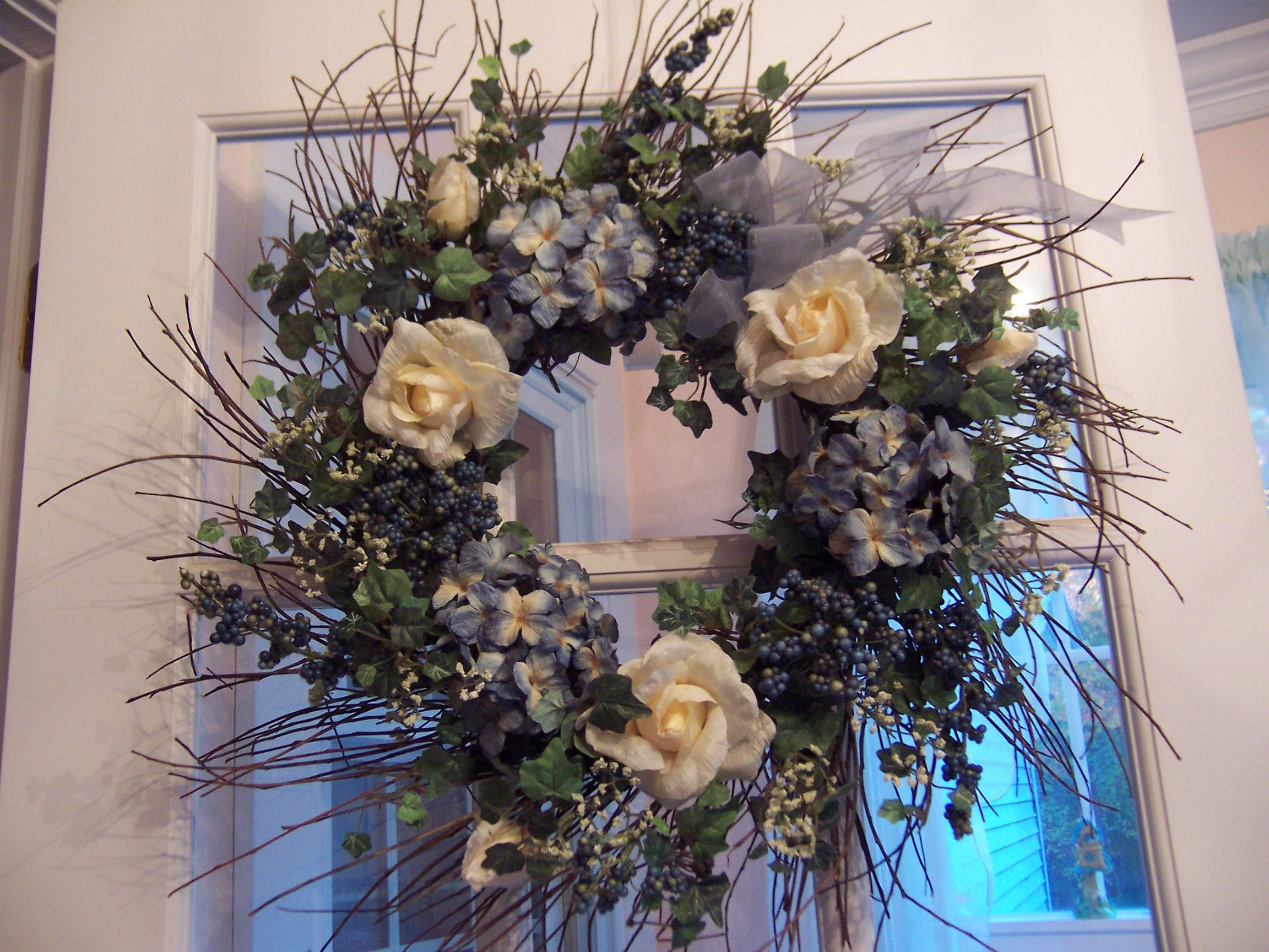 Blue Hydrangea and Yellow Rose Twig Wreath - 24" - Etsy