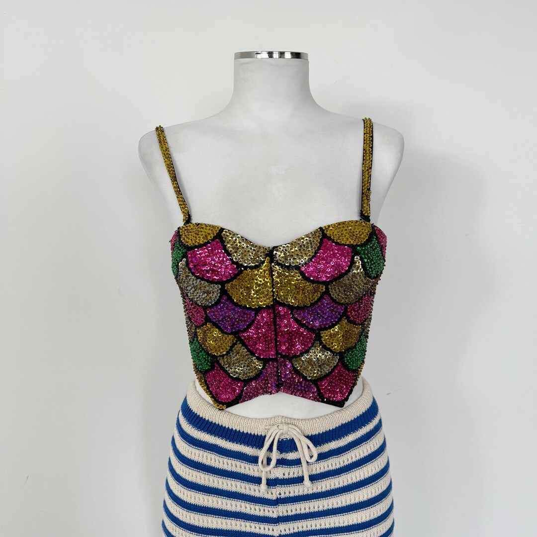 Vintage 80s Sequin Bustier Top: Colorful Jeweled Party Top - Etsy