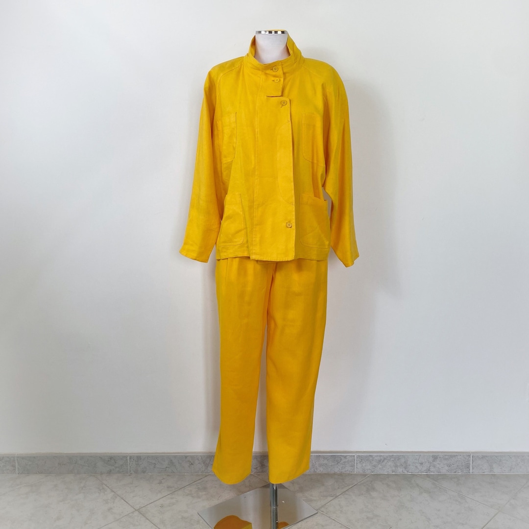 Vintage 90s Yellow Linen Pant Suit: Oversized Blazer, Wide Leg, 1990s ...