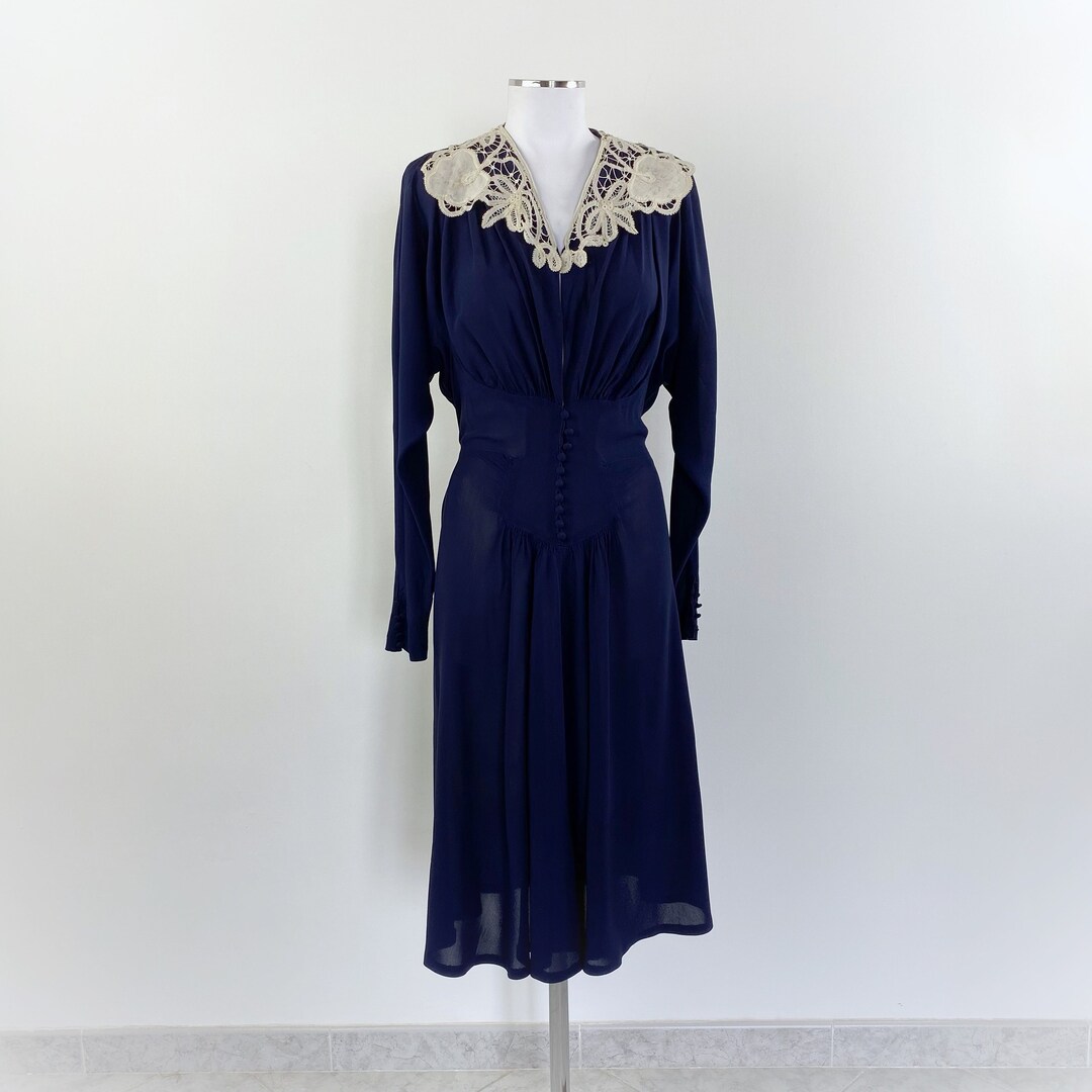 Vestito in Seta Blu Con Colletto in Pizzo, Vestito Seta Blu Midi ...