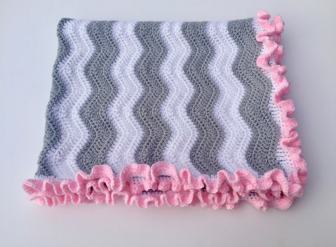 Chevron Crochet Baby Blanket With Ruffle Edging - Etsy UK